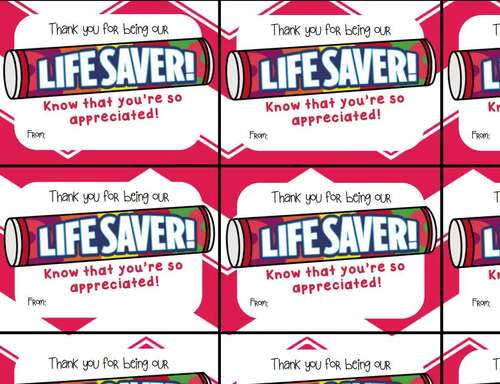 Lifesavers Teacher (Staff) Appreciation Treat Tag- Thank you for being ...