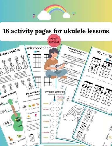 Ukulele printables for kids for lesson plans and music workshops. 15 pages