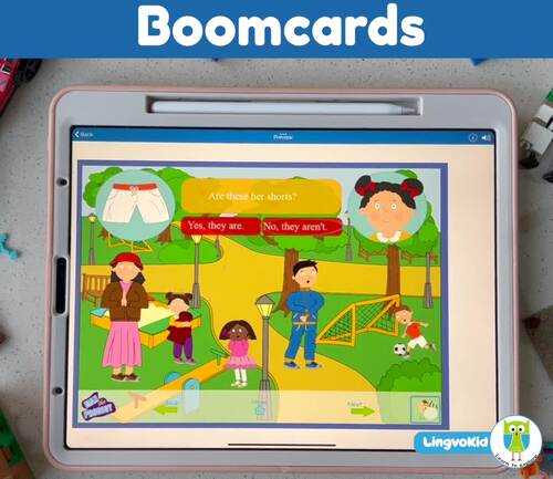 Possessive pronouns her, his | Clothes vocabulary | Questions | Boomcards