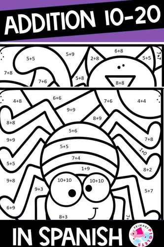 SPANISH HALLOWEEN COLOR BY NUMBER CODE ADDITION SUMS 10 TO 20 MATH PRACTICE