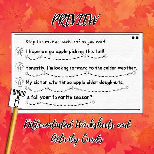 FALL READING FLUENCY Worksheets + Task Cards | Phrase Scooping | Word ...