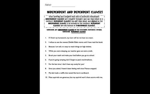 Grammar Worksheets | Independent and Dependent Clauses by ELA Relay