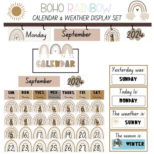 Boho Rainbow Calendar and Weather Chart Editable Classroom Display ...