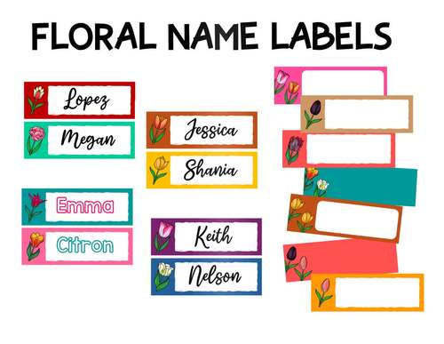 Printable Floral Name Labels, Spring Classroom Labels, Floral Desk Plates