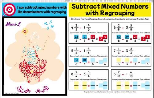 Subtract Mixed Numbers with Like Denominators with Regrouping Pixel Art ...