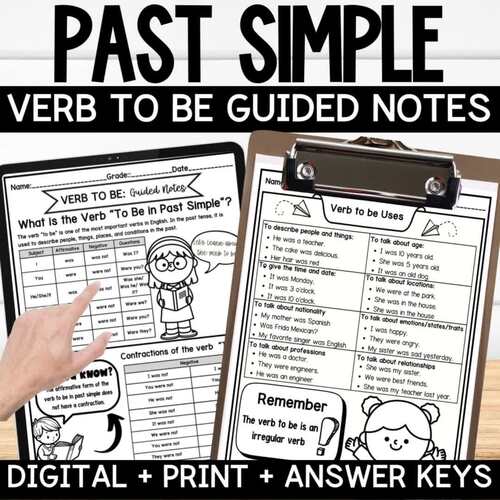 Verb To Be Past Simple Tense Guided Notes- Digital & Print For A1 ...
