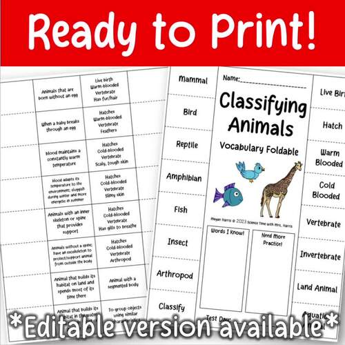 Classifying Animals Vocabulary Science Study Foldable and Mini Flashcards