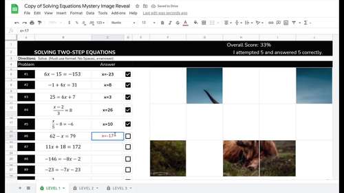GOOGLE SHEETS 3 Levels Solving Equations MYSTERY IMAGE REVEAL | TPT
