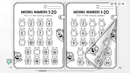 Missing Numbers 1-20 Worksheets with Answers | 100 Pages Monster Math Pack