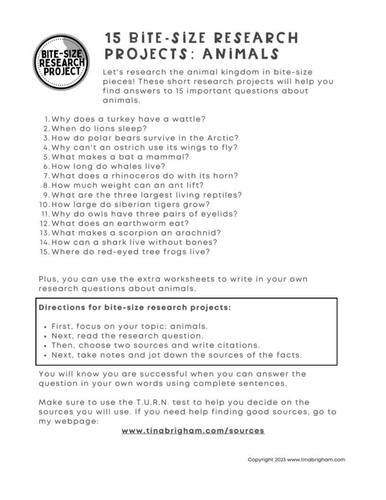 15 Quick and Easy Research Projects about Animals Workbook + DIGITAL