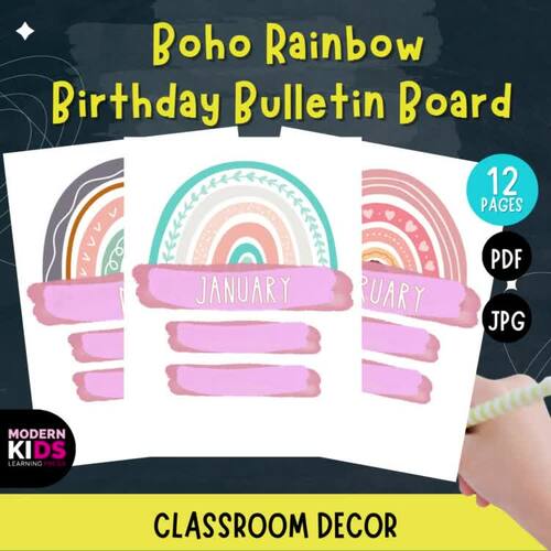 Boho Rainbow Birthday Bulletin Board for School Calendar | TPT