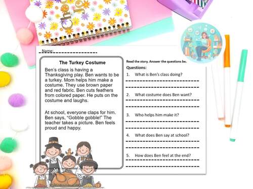 Thanksgiving Reading Comprehension Short Stories with WH questions