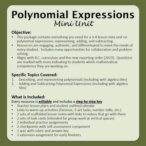 Polynomial Expressions Mini Unit | Representing, Adding, Subtracting ...