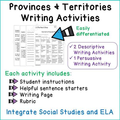 Canada Provinces Writing Activities | Persuasive & Descriptive with Rubrics