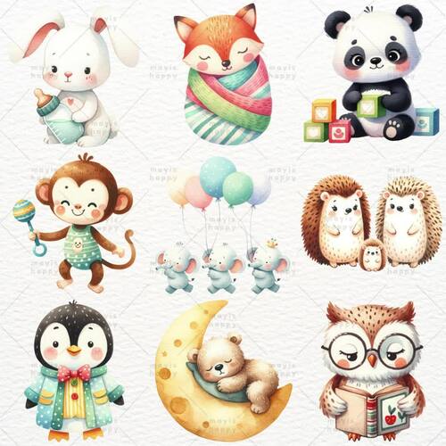 Baby Animals Watercolor Clipart PNG by Adorable Clipart | TPT