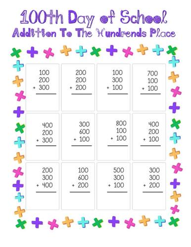 100th Day 3 Digit Addition To The Hundreds Place levelled centers