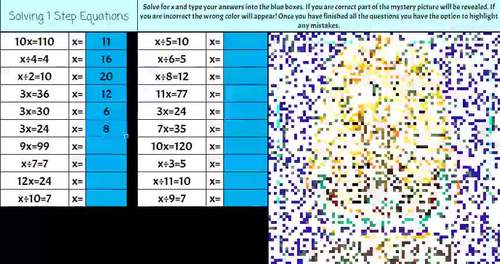 Solving One Step Equations Math Pixel Art | Multiply and Divide Only