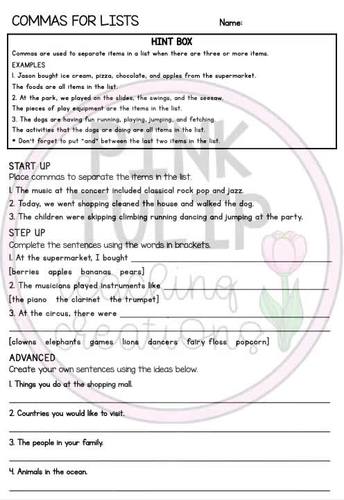 Commas for Clauses, Commas for Lists - Grammar Worksheets with Answers