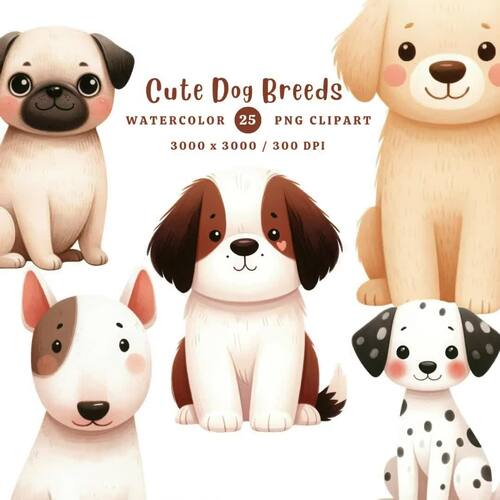 Cute Dog Breeds Watercolor Clipart PNG by Adorable Clipart | TPT