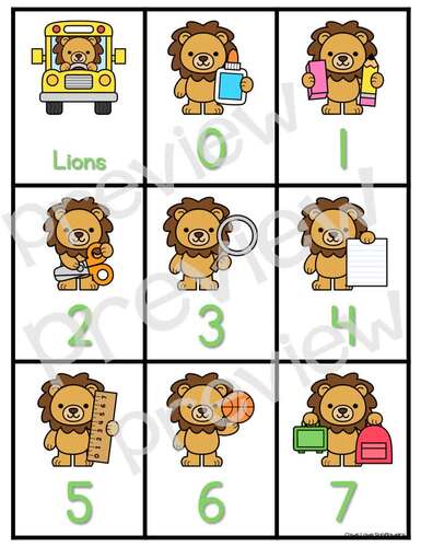 School Lions - Numbers 0-25 Matching - Flash Cards With Writing Practice