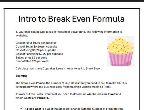 Intro to Break Even Formulas – Accounting Student Task Sheets 9th-12th ...