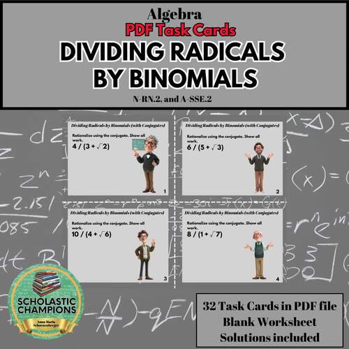 DIVIDING RADICALS BY BINOMIALS USING CONJUGATES * Algebra Math Task Cards