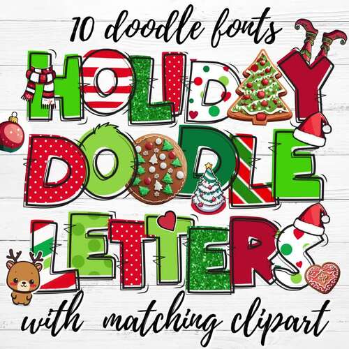 Christmas Clipart Doodle Letters Bundle PNG, Holiday Bulletin Board Letters