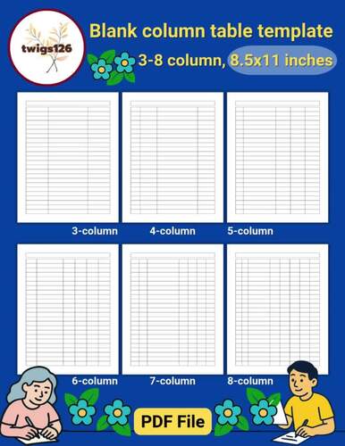 Blank column table template, 3-8 column, 8.5x11 inches by twigs126