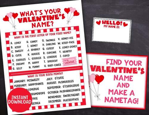 What's Your Valentines Name Game WITH Name Tags & Sign, Valentines Activity