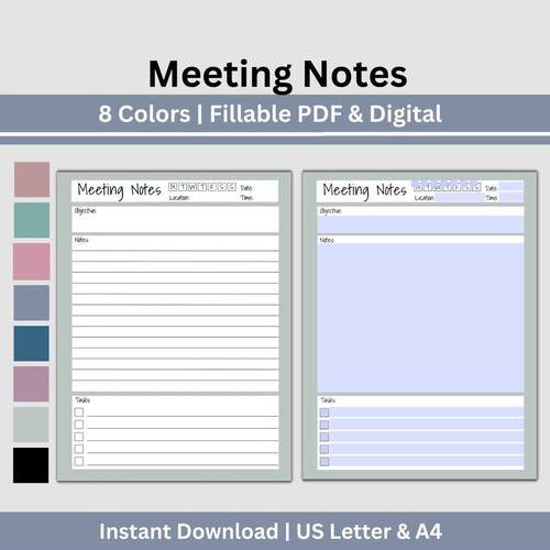 Meeting Minutes Template, Fillable Meeting Notes, Printable Business