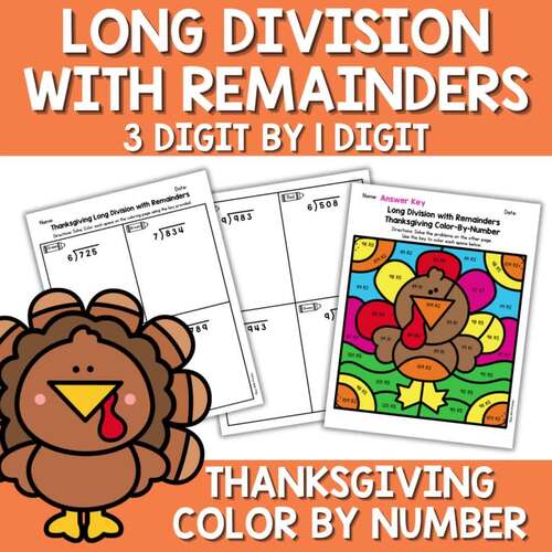 Thanksgiving Long Division with Remainders Color by Number Turkey Math ...