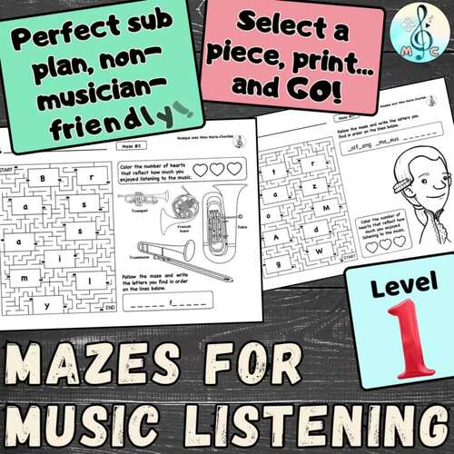 MUSIC MAZES & COLORING worksheets: LISTENING, SUB PLAN, QUIET (Lev.1)