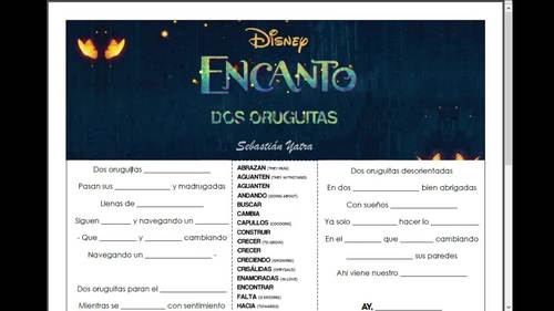 Sebastian Yatra - "Dos Oruguitas'' Cloze Song Sheet *with VIDEO W/ LYRICS*