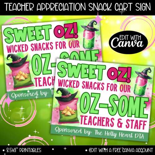 Wicked Teacher Appreciation Week Snack Cart Sign, Green Pink Witch Poster