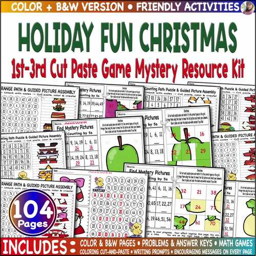 Holiday Fun Christmas 1st-3rd Cut & Paste Game Color Mystery Resource Kit