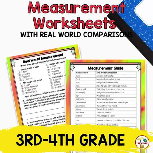 Measurement Worksheets with Real World Comparisons by Hunt 4 Treasure