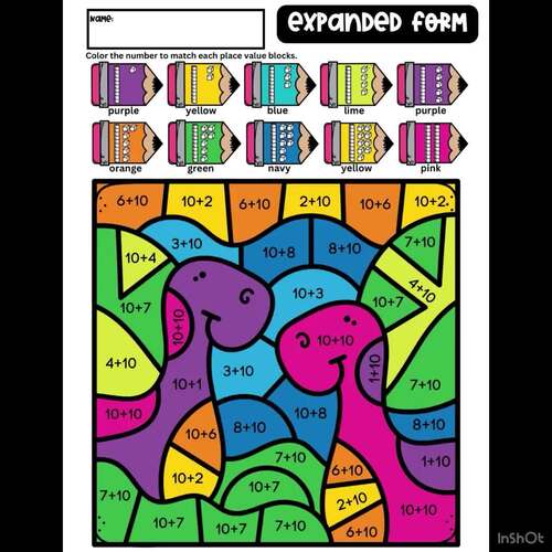 Dinosaur-Themed Teen Numbers with Place Value Blocks Activity Worksheet