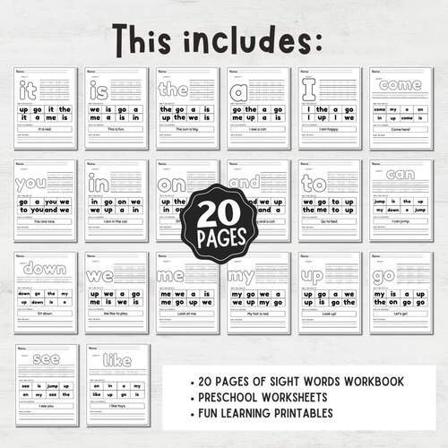 Pre-Primer Sight Words Worksheets, Literacy Practice for Preschool and ...