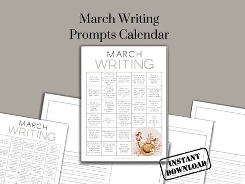 March Writing Prompts Calendar, Spring Writing Practice, 2nd, 3rd, 4th, 5th