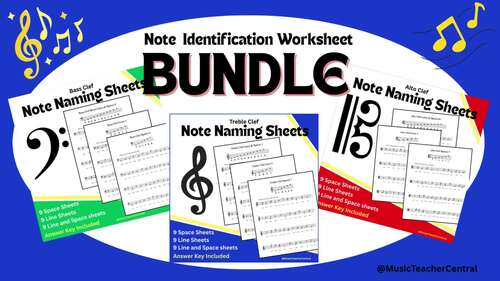 Note Identification Worksheets Bundle – Treble, Alto & Bass Clef
