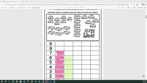 Transportation Count and Color Worksheets | Counting & Graphing | PreK–K