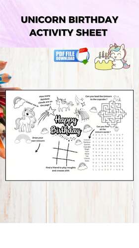 Unicorn Birthday Activity Sheet, Coloring page, Puzzle Games Placemat, PDF,