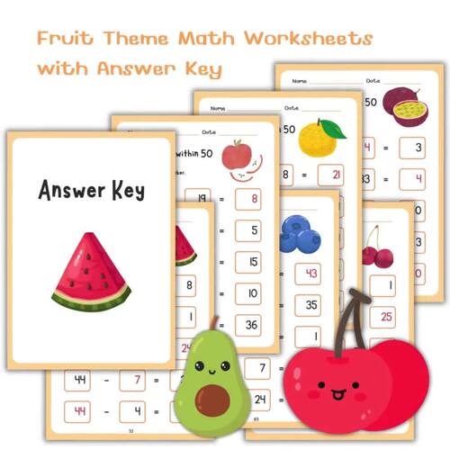 Subtraction within 50 Worksheets | Fruit Theme Practice | 50 Pages ...