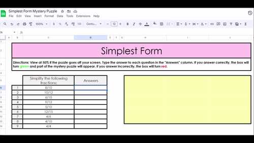 Simplifying Fractions Mystery Picture | Self-Checking Google Sheets ...
