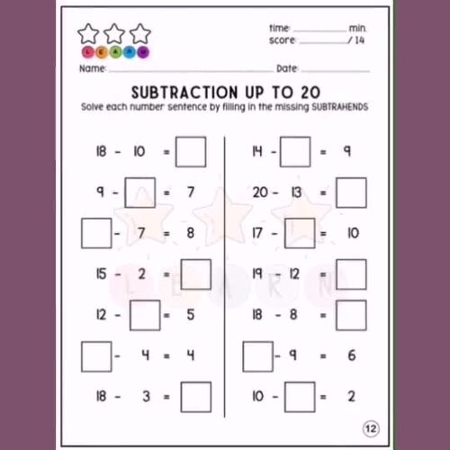 First Grade Missing Subtrahend Worksheets for Fun Subtraction up to 20 ...