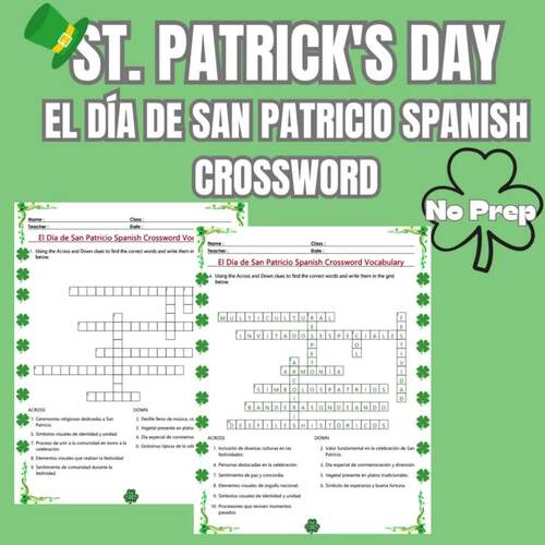 El Día de San Patricio Spanish St Patrick's Day 7 Crossword Puzzles No Prep