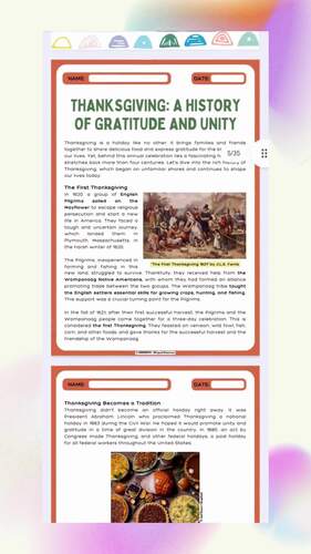 Thanksgiving History & Traditions READING COMPREHENSION ACTIVITIES ...