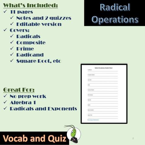 Radicals Vocabulary Quiz and Notes Algebra 1 by Grasshopper Mathematics