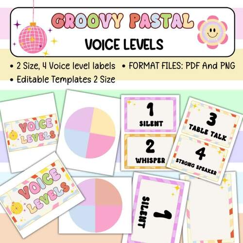 Voice Levels Display Editable Groovy Pastel Classroom Decor by BABYDELL ART