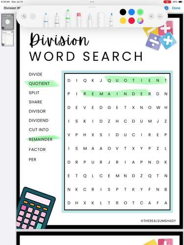 Division Vocab | Math Operation Synonym Word Search by The Real Sum Shady